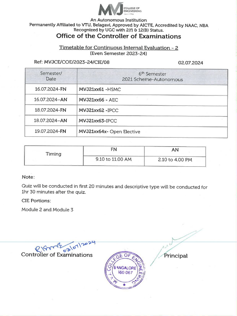CIE-2 TT For 6th Semester 2021 Scheme | PDF