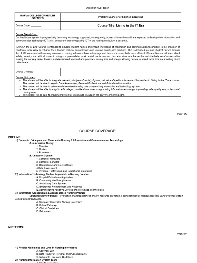 Living in The IT Era Course Syllabus | PDF | Nursing | Health Informatics