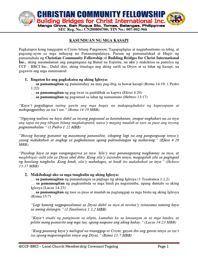CCF-BBCI Membership Covenant Tagalog | PDF