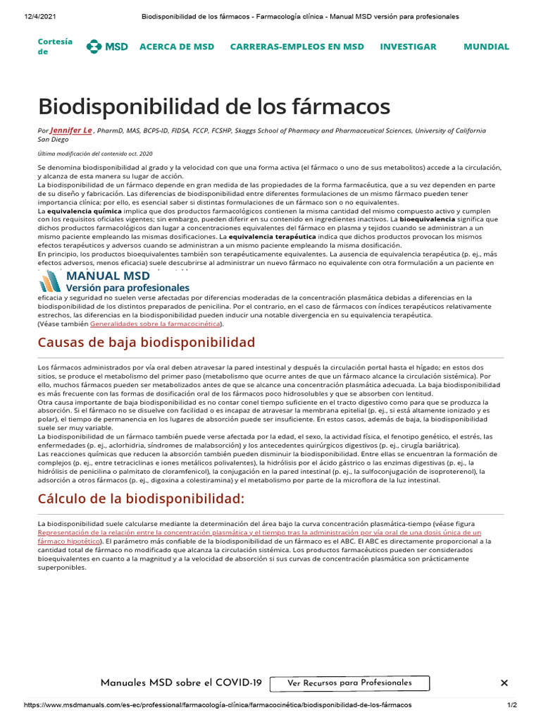 Biodisponibilidad de Los Fármacos - Farmacología Clínica - Manual MSD ...