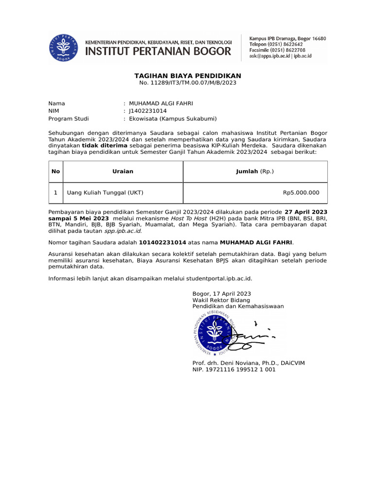 2023.04.19 Surat Penerimaan - Tagihan Ukt 423355611d4 j1402231014 Muhamad Algi Fahri | PDF