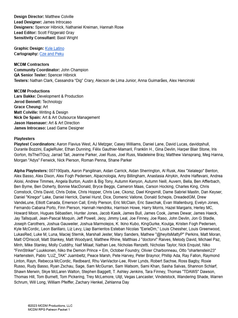 MCDM RPG Patreon Packet 1 Credits | PDF