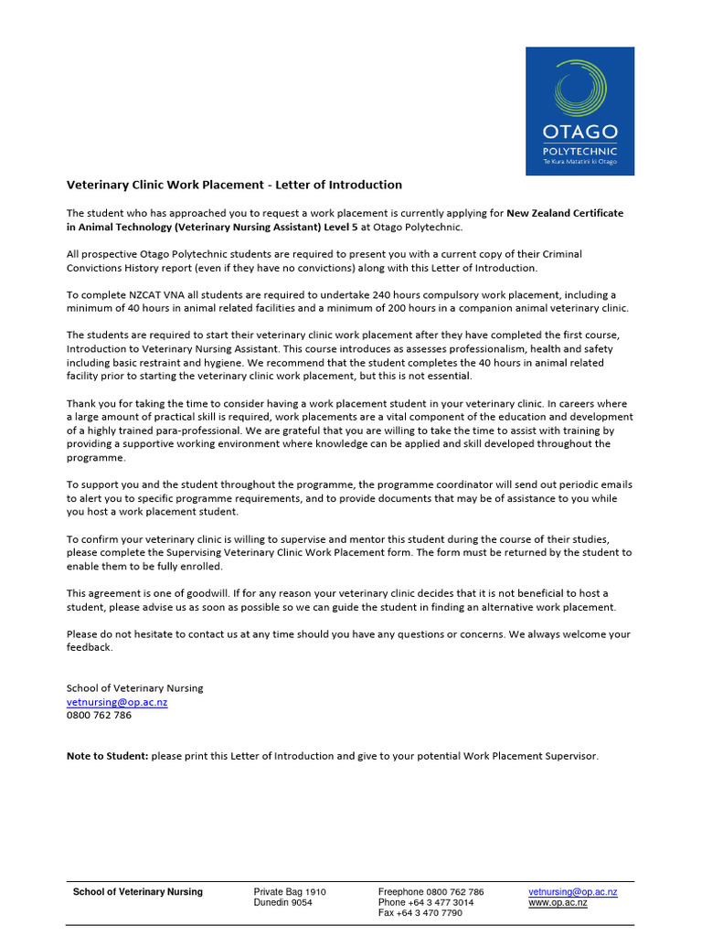 Veterinary Clinic Work Placement Letter of Introduction | PDF | Nursing ...