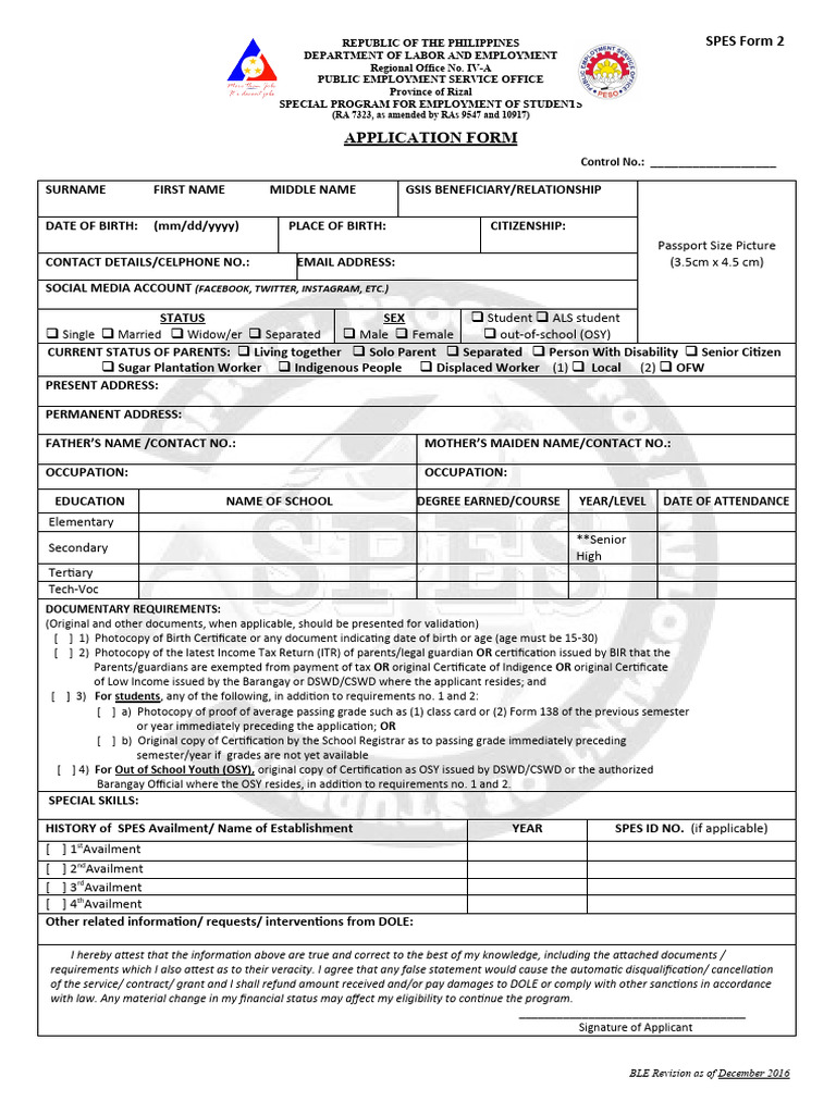 SPES FORM 2 - APPLICATION FORM Dec2016.final | PDF