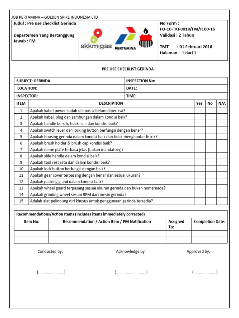 FO-10-TKI-0018-FM-R.00-16 Pre Use Checklist Gerinda | PDF