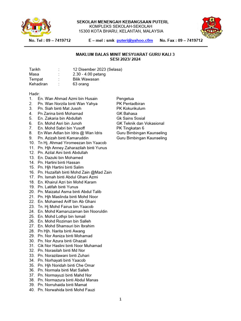 Maklum Balas Mesyuarat Guru Kali Ke 3 2023 | PDF