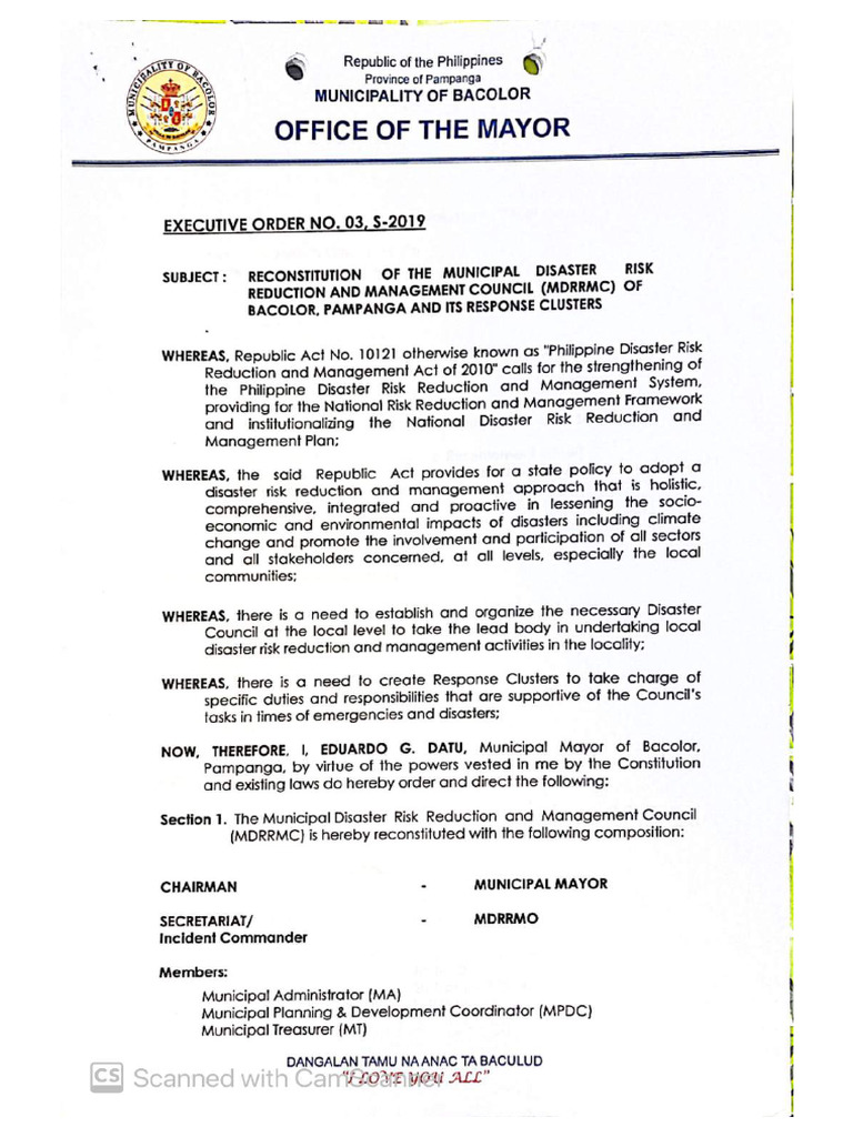EXECUTIVE ORDER NO. 03 Series of 2019 RECONSTITUTION OF THE MUNICIPAL ...