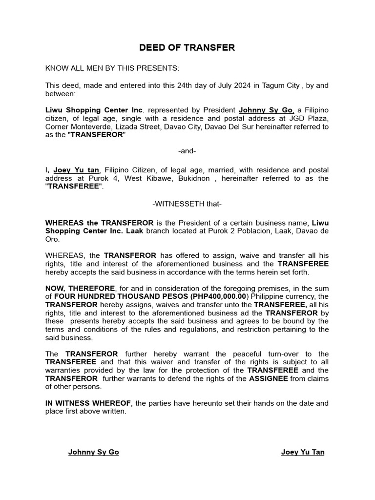 DEED OF TRANSFER Laak | PDF | Deed | Civil Law (Legal System)