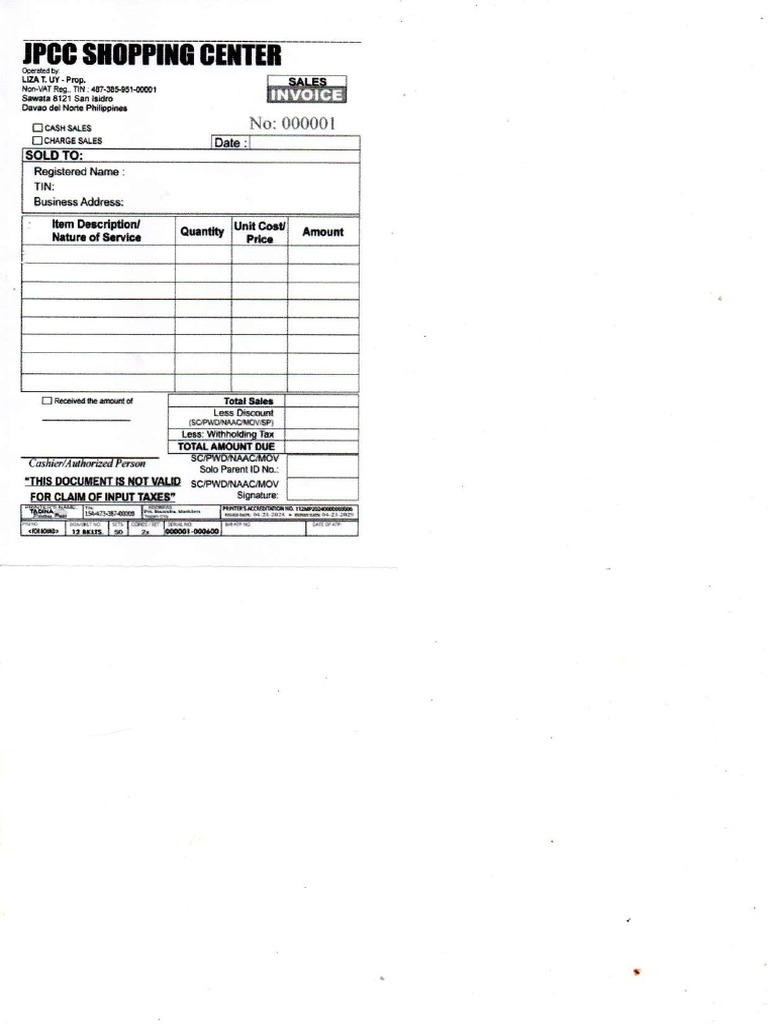 JPCC Shopping Center - Sample Receipt (San Isidro, Sawata) | PDF