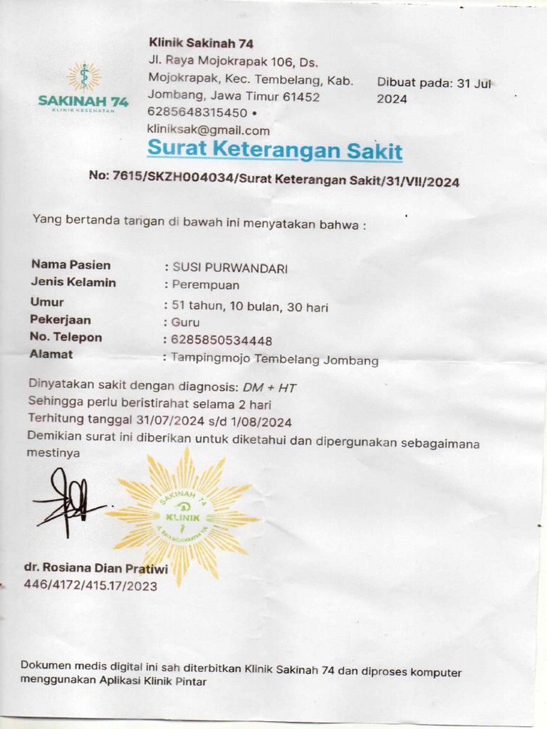Surat Keterangan Sakit Bu Susi | PDF