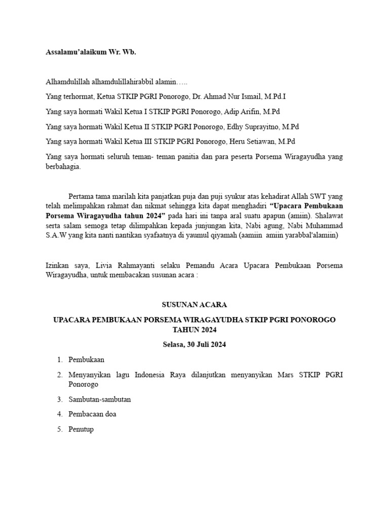 Teks MC Upacara Pembukaan Porsema 2024 | PDF | Agama & Spiritualitas