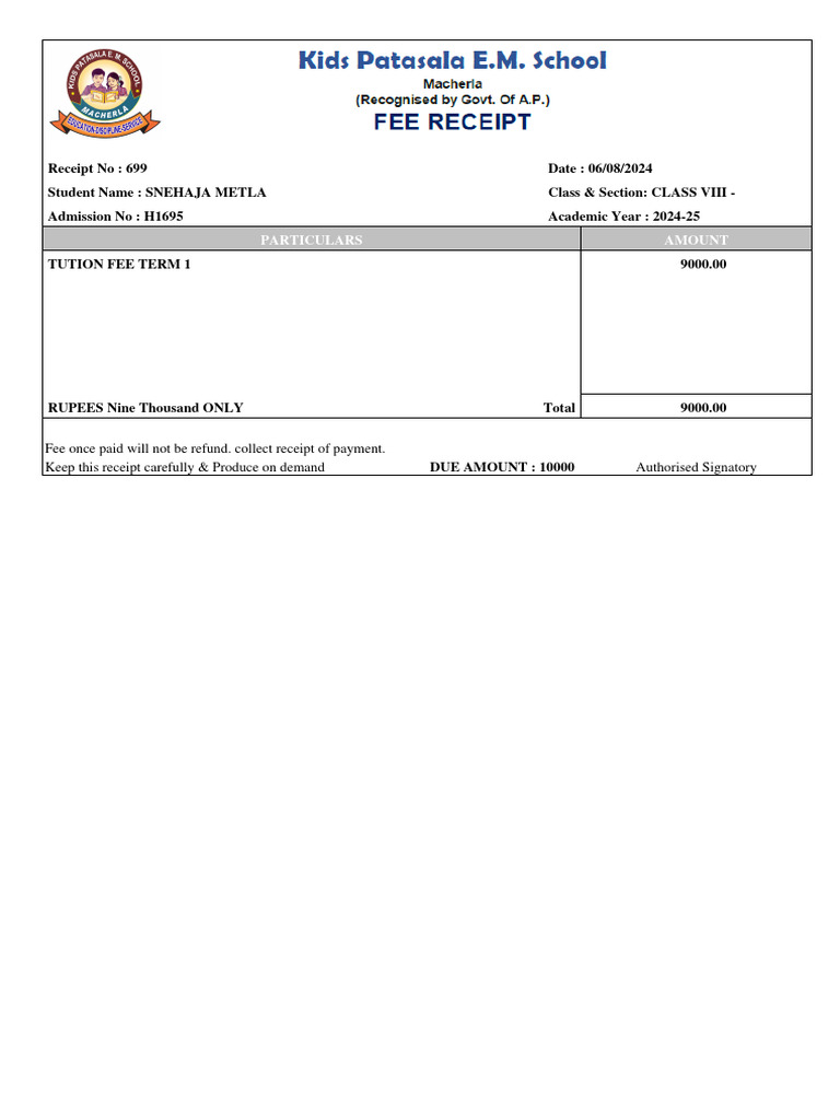Class VIII Tuition Fee Receipt 2024 | PDF