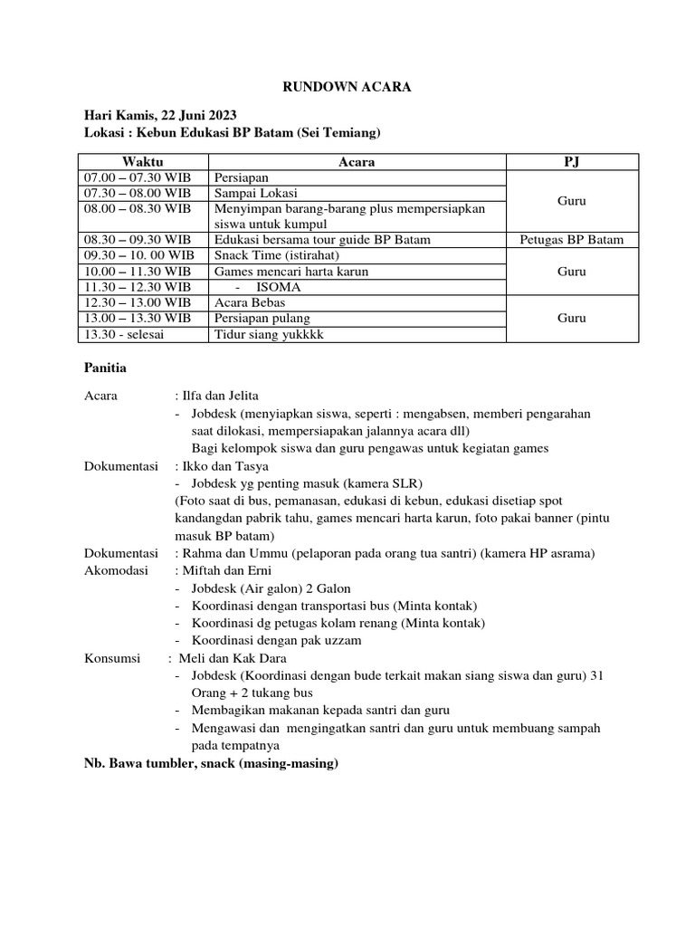 RUNDOWN ACARA Outing Class | PDF