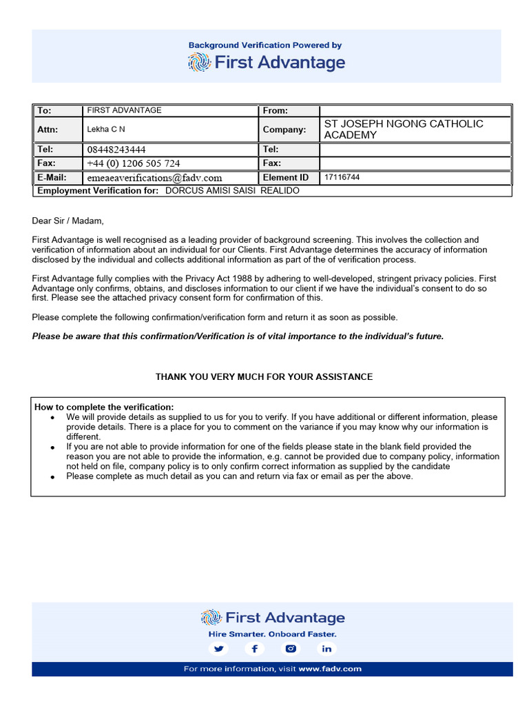 Verification Form - ST JOSEPH NGONG CATHOLIC ACADEMY | PDF