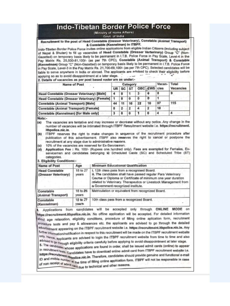Notification ITBP Head Constable Posts | PDF