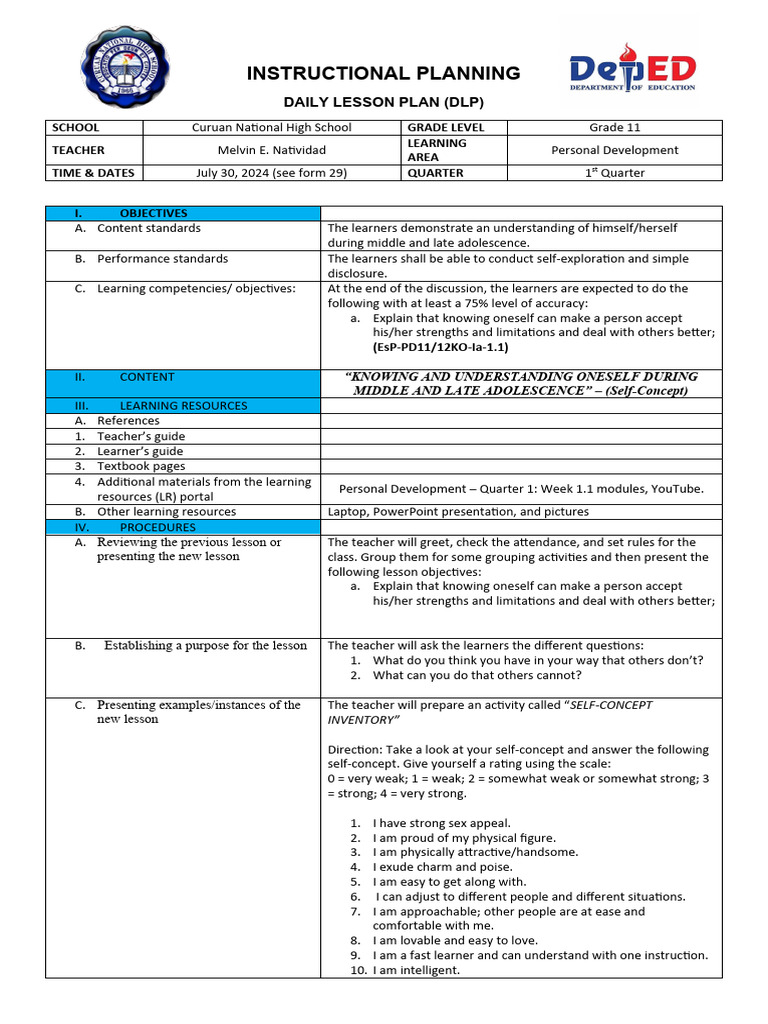 DLP in Perdev Week 1 Lesson 1.0 | PDF | Self Concept | Learning