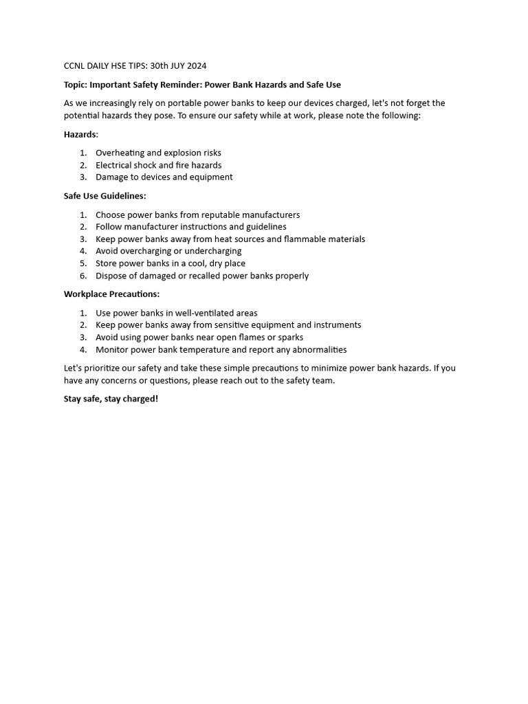 Daily HSE Daily Tip - Important Safety Reminder - Power Bank Hazards ...