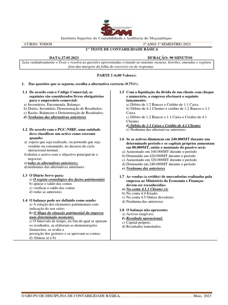 Teste de Contabilidade Básica 2023 | PDF | Balancete | Bancos