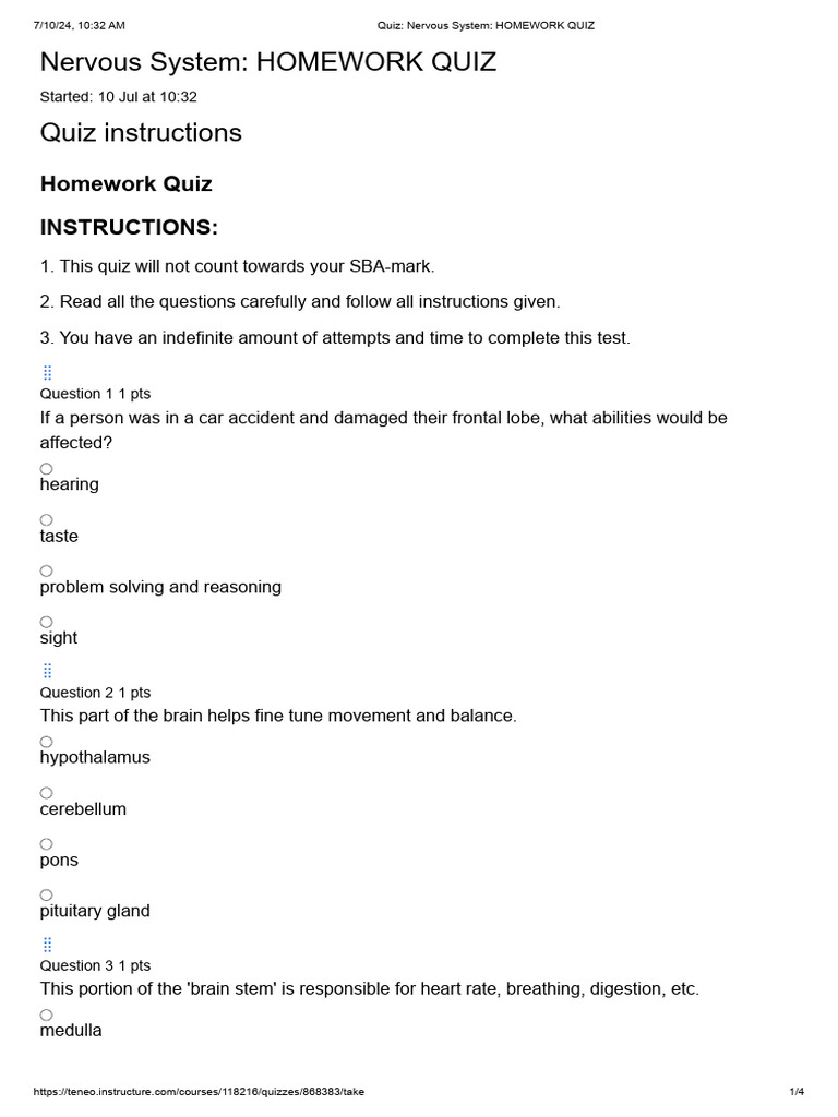 Quiz - Nervous System - HOMEWORK QUIZ | PDF | Central Nervous System ...