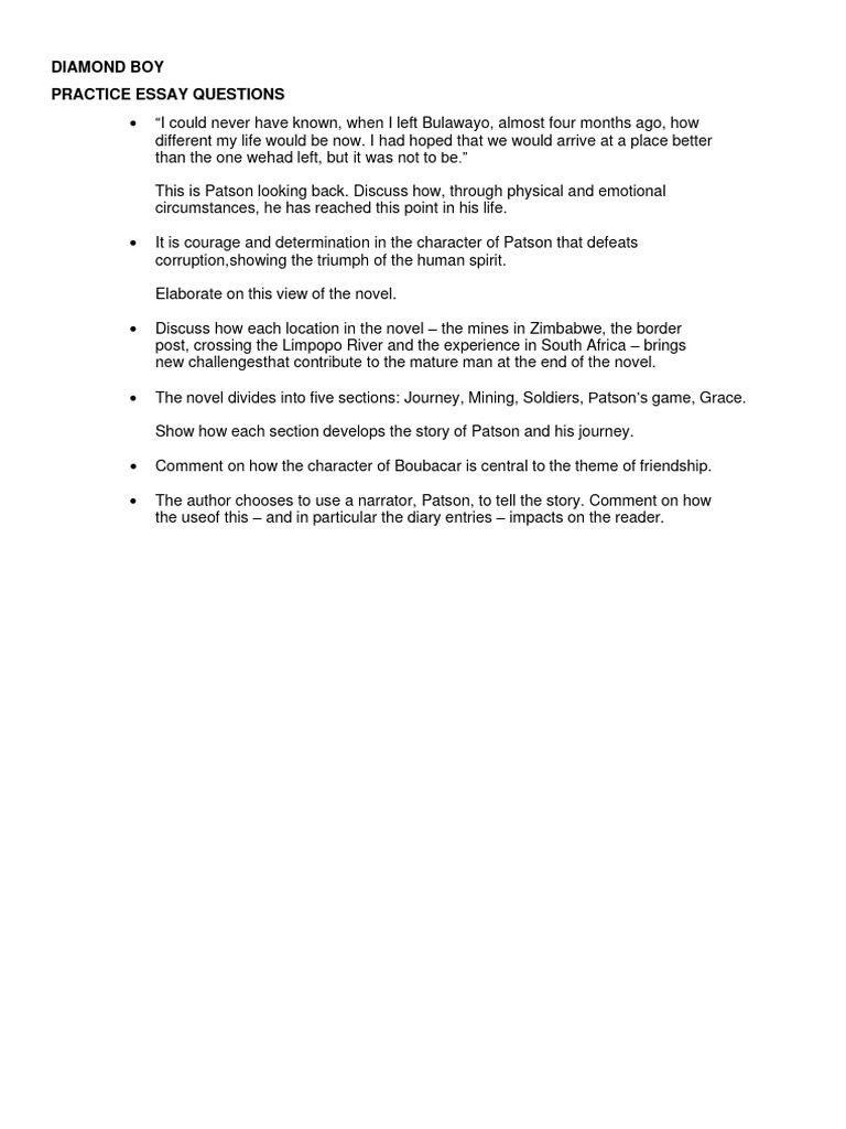DIAMOND BOY Practice Essay Questions | PDF