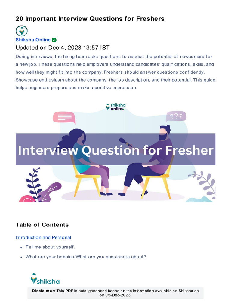 20 Important Interview Questions For Freshers: Updated On Dec 4, 2023 13:57 IST | PDF | Goal ...