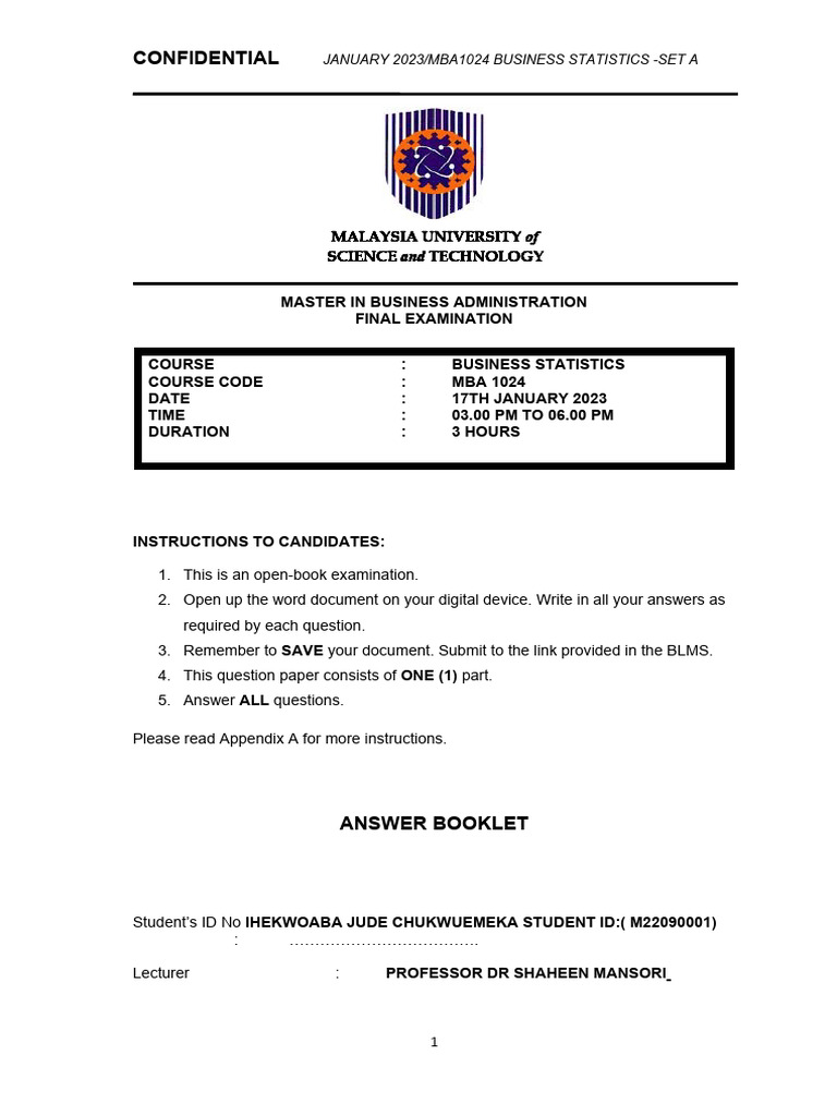Answer Booklet - Mba1024 Business Statistics-Jan-23 | PDF | Statistics ...