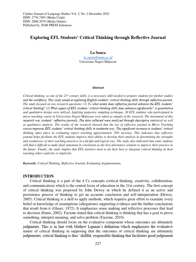 Exploring EFL Students Critical Thinking Through | PDF | Critical Thinking | Argument