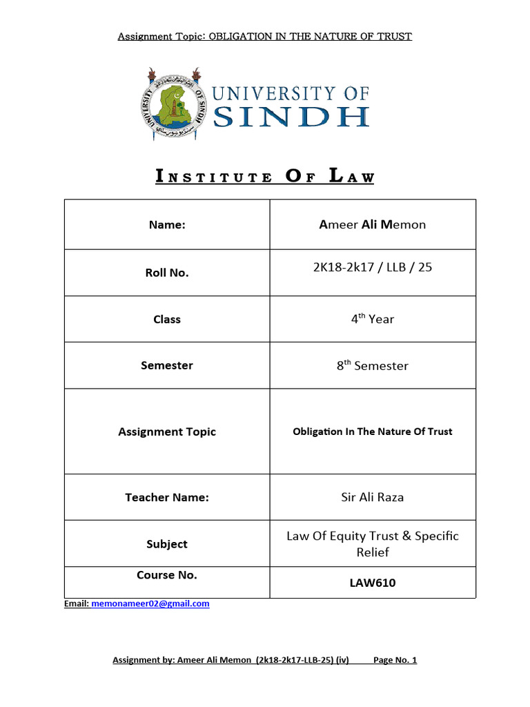 Ameer Ali Memon Assignment | PDF | English Trust Law | Trustee