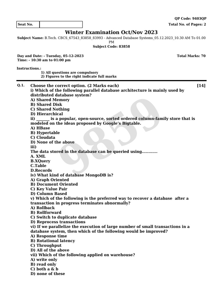 Advanced Database Systems Exam Guide | PDF | Databases | Information Technology