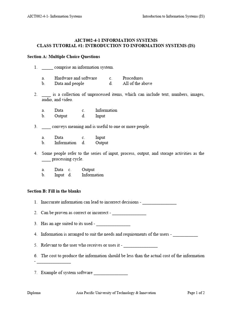 01 Tutorial Qs Intro To IS | PDF | Information | Information System