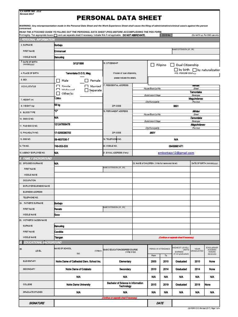 CS Form No. 212 Personal Data Sheet Revised | PDF | Passport