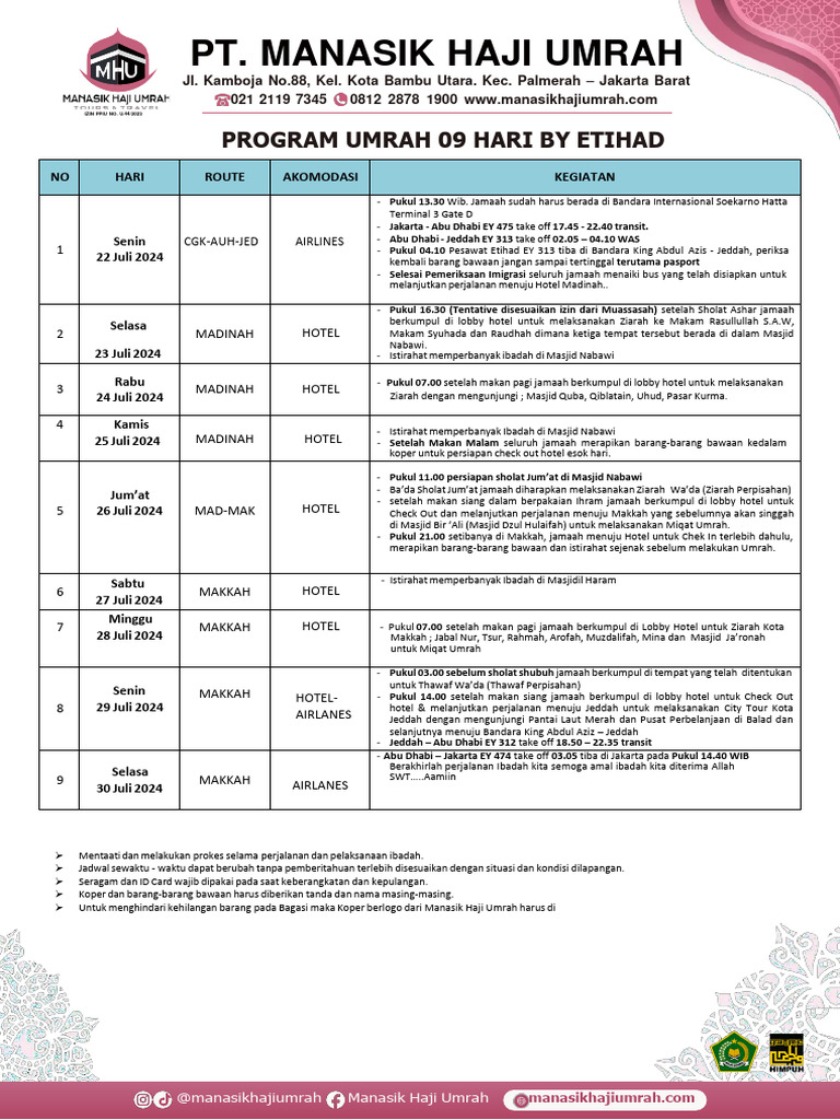 Itinerary Umrah 9 Hari oleh Dzahab Travel | PDF