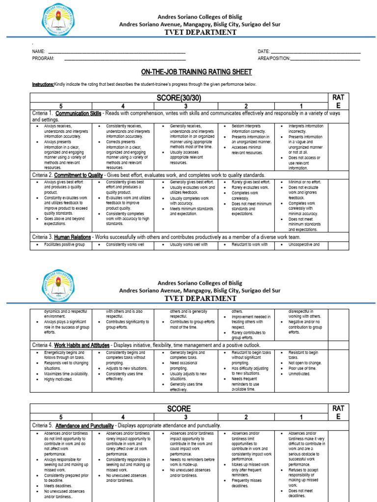 OJT Rating Sheet for TVET Students | PDF | Information | Behavior Modification