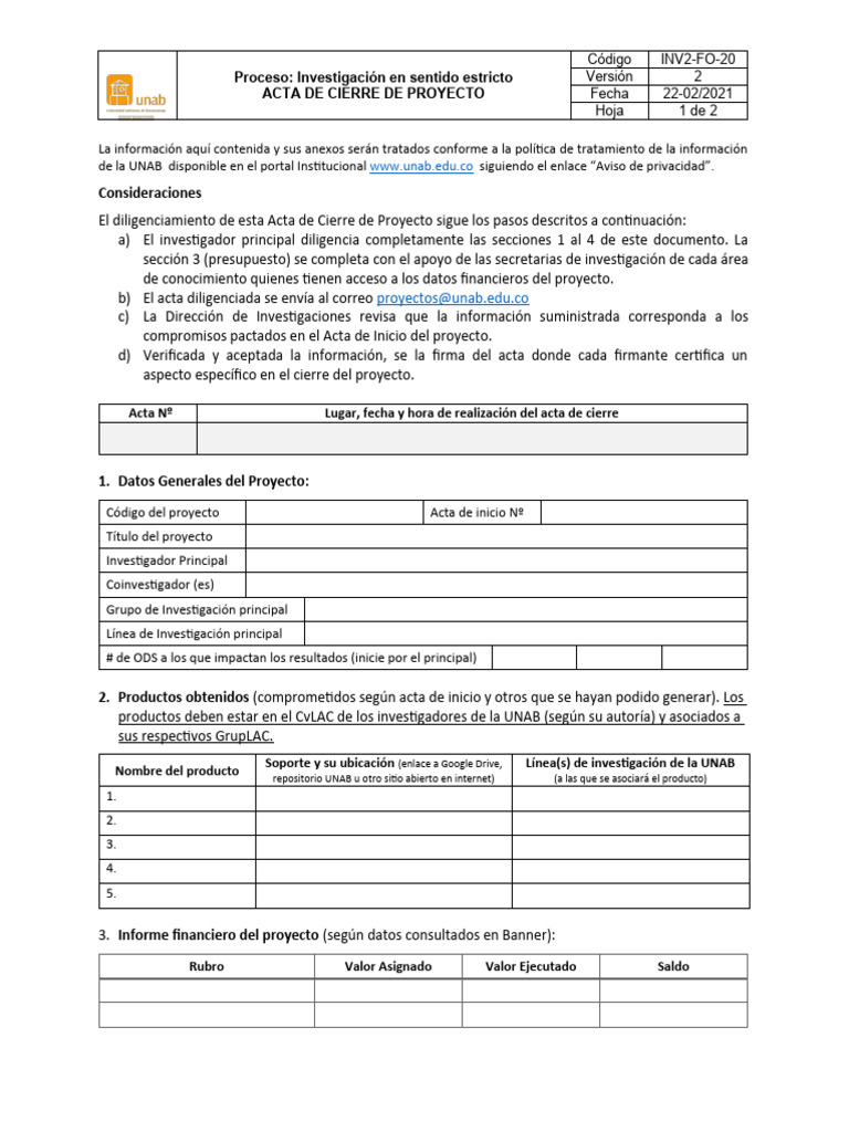 INV2-FO-20 Acta Cierre Proyecto | PDF | Tecnología