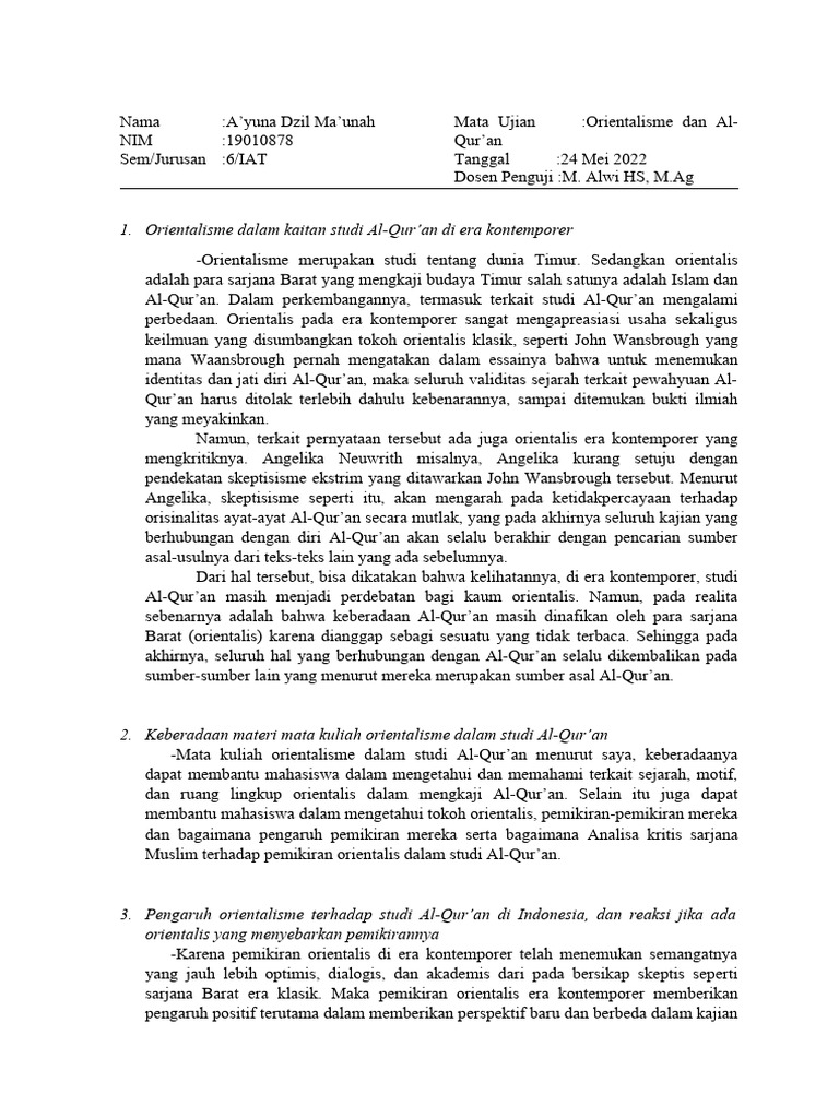 A'yuna Dzil Ma'unah - UTS ORIENTALISME DAN AL-QUR'AN - IAT 6A | PDF ...
