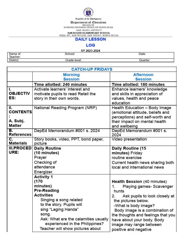 Catch Up Friday Lesson Plan | PDF | Learning | Meditation