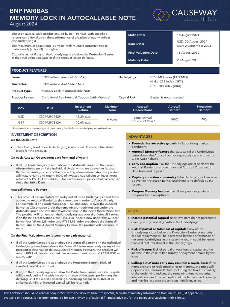 BNP Memory Lock-In Autocall Note v2 | PDF | Securities (Finance ...