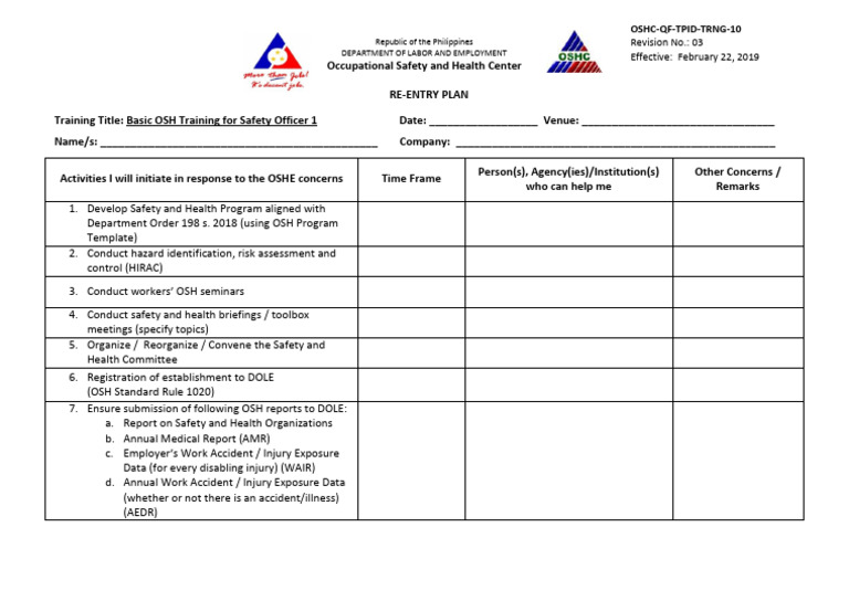 Re Entry Plan Form BOSH For SO1 | PDF