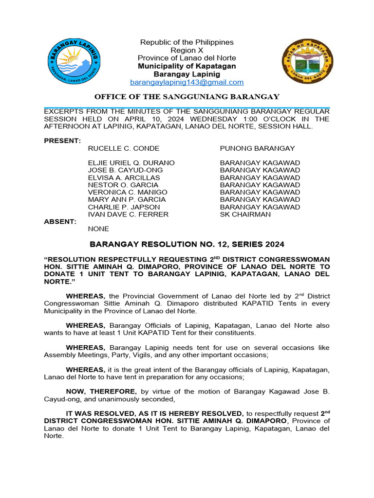 Barangay Lapinig Tent Request Resolution | PDF