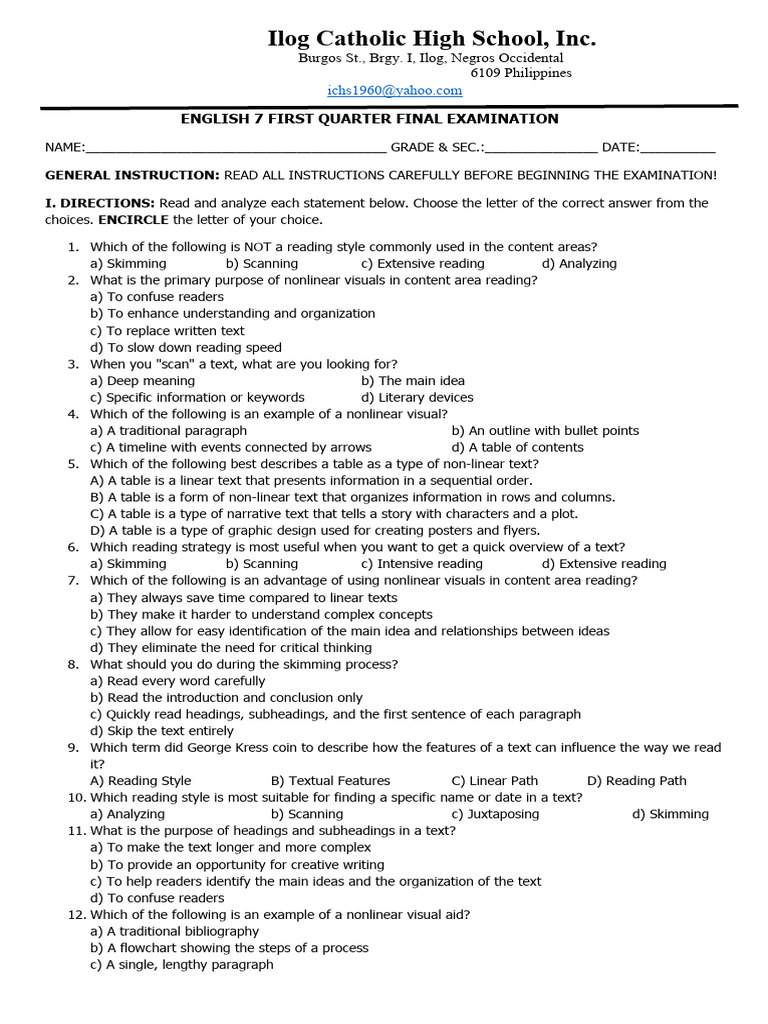 Grade 7 Mid Term Examination 1ST QTR | PDF | Speed Reading | Nonlinear System