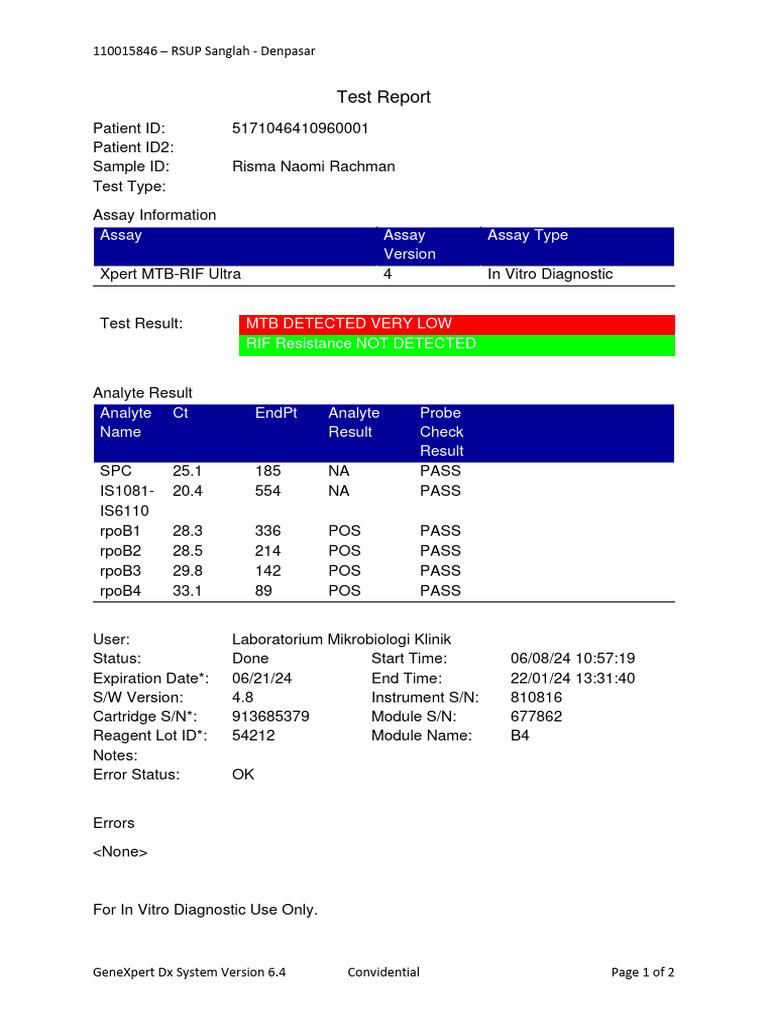 GeneXpert MTB-RIF Test Report Summary | PDF