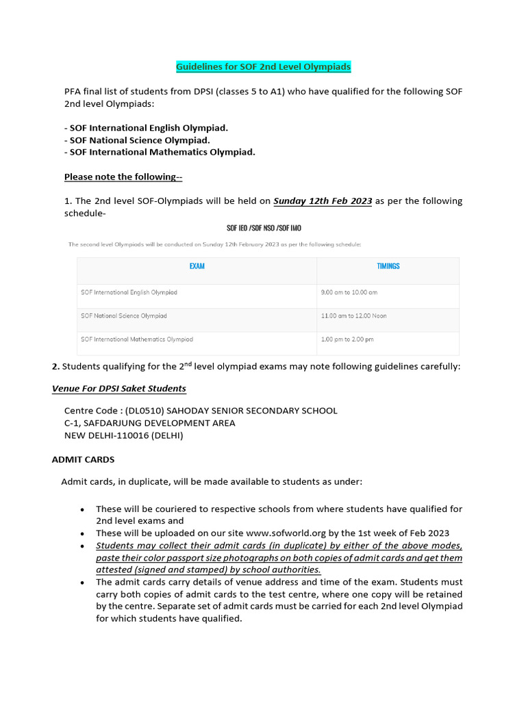 Guidelines For SOF 2nd Level 2022-23 | PDF