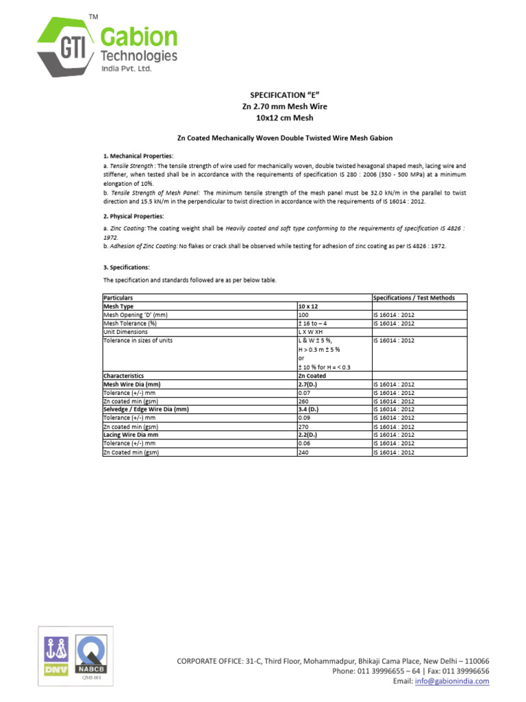 'GTI' Make Gabion IS Specification E - ZN Coated 2.70 MM Mesh Wire 10x12 CM Mesh | PDF ...