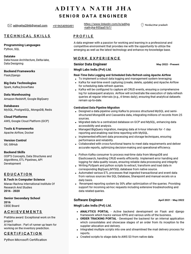 Aditya Jha Senior Data Engineer Resume | PDF | Databases | Apache Spark