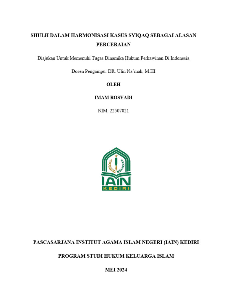 Shulh Dalam Harmonisasi Kasus Syiqaq Sebagai Alasan Perceraian | PDF