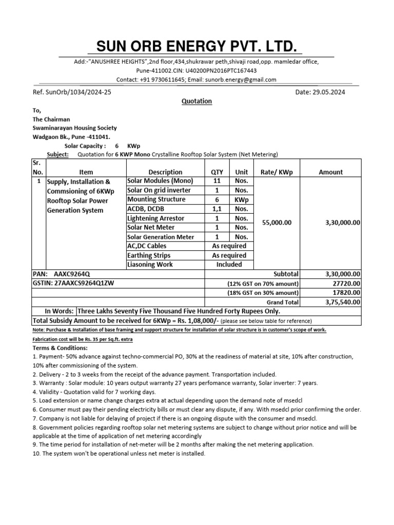 Quotation - 6KW Swaminarayan Hsg | PDF | Solar Power | Power Inverter