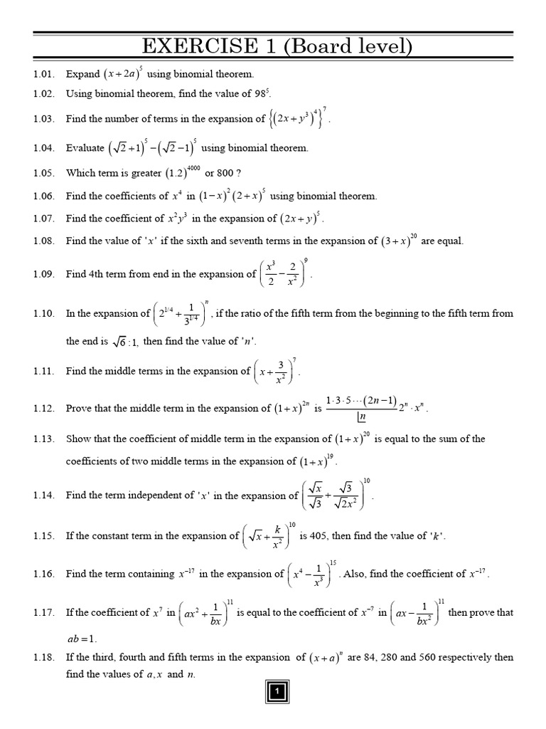Binomial Theorem Practice Problems | PDF | Complex Analysis | Elementary Mathematics