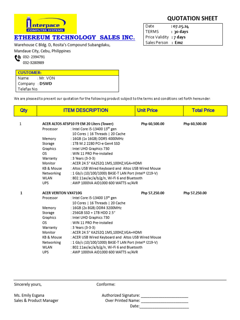 Quotation Sheet: Ethereum Technology Sales Inc | PDF | Microsoft Office ...