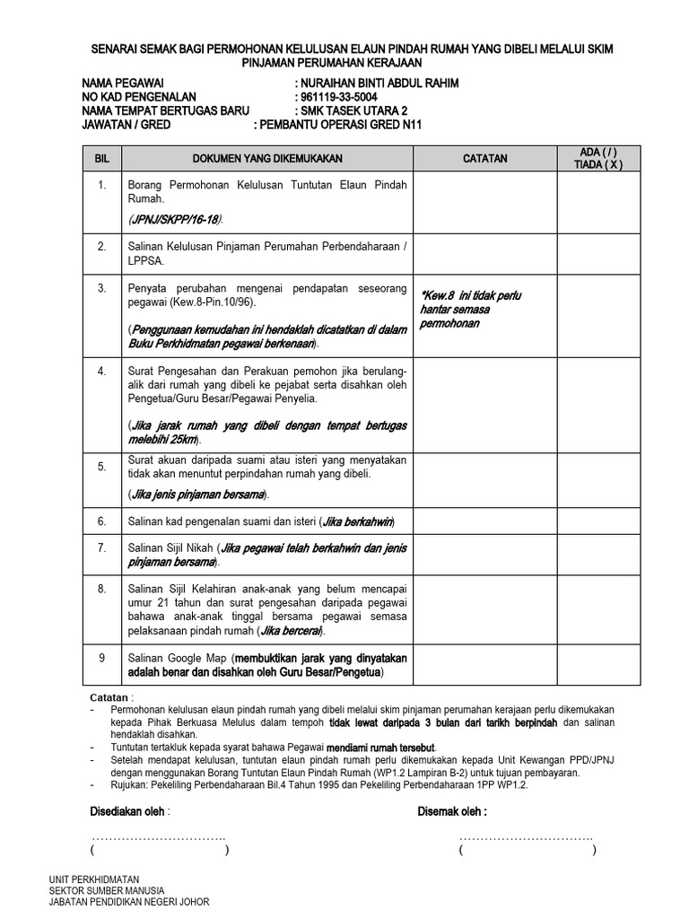 Senarai Semak Bagi Permohonan Kelulusan Elaun Pindah Rumah | PDF