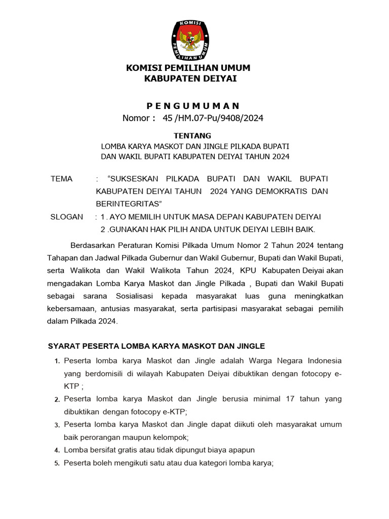Contoh LOMBA KARYA MASKOT & JINGLE PADA PILKADA BUPATI DAN WAKIL BUPATI ...